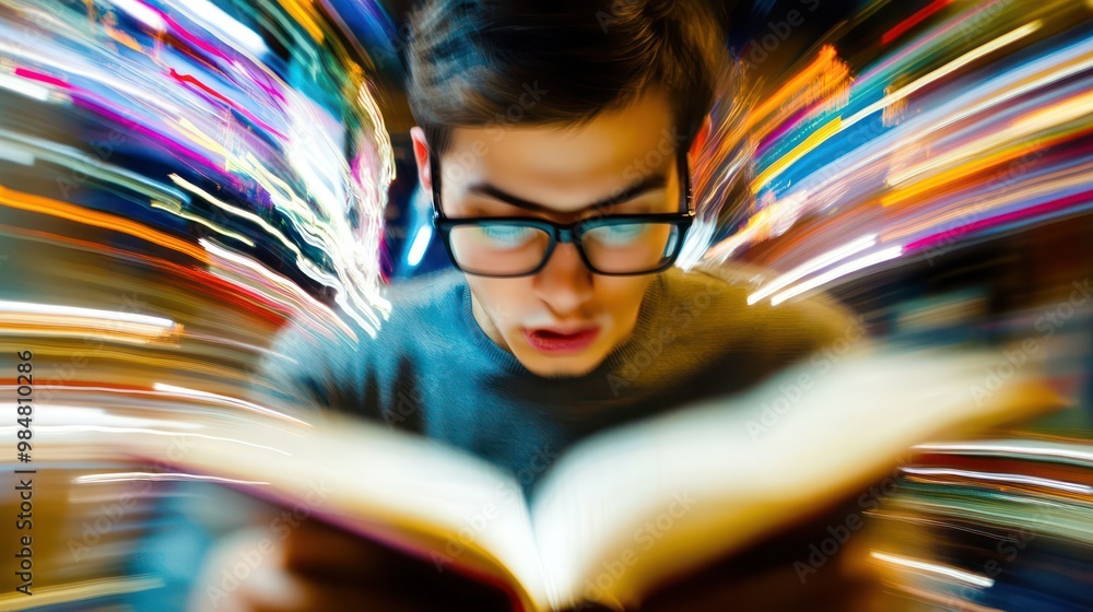 Speed reading techniques, showing fast page flipping and concentrated ...