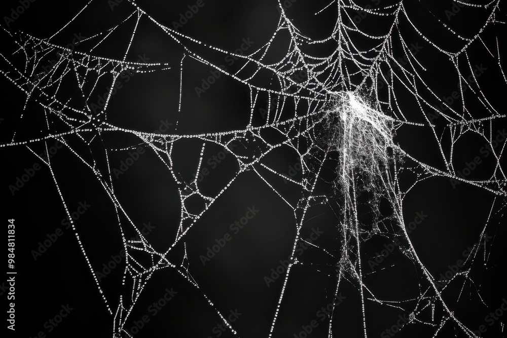 Black background, white spider webs hanging from top to bottom ...