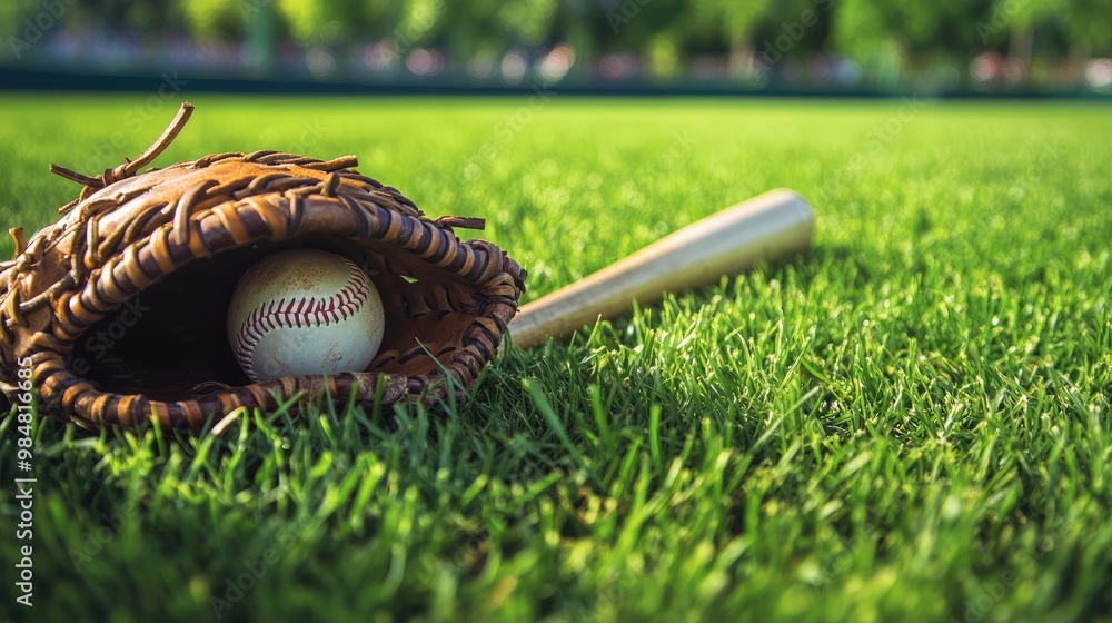 Baseball field in an open-air stadium during the day with a bat, glove ...
