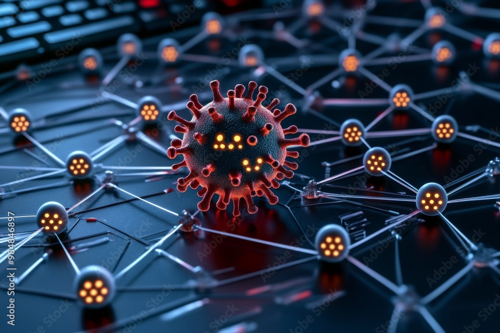 Infected network of computers, visualized with simple icons ...