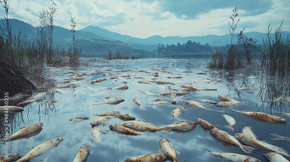 Dead fish float on a polluted lake with distant mountains and overcast ...