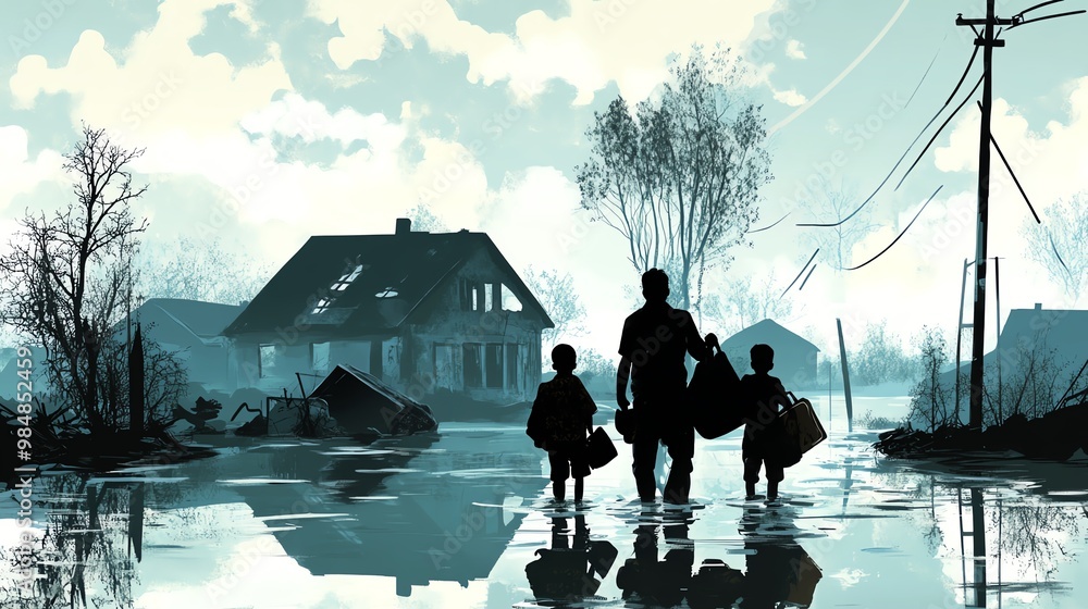 Silhouettes of a family walking through a flooded street with damaged ...