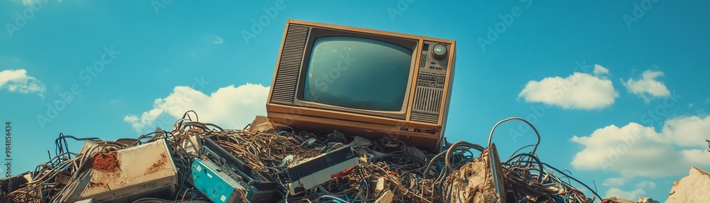 Retro TV set on top of electronic waste under a bright blue sky ...