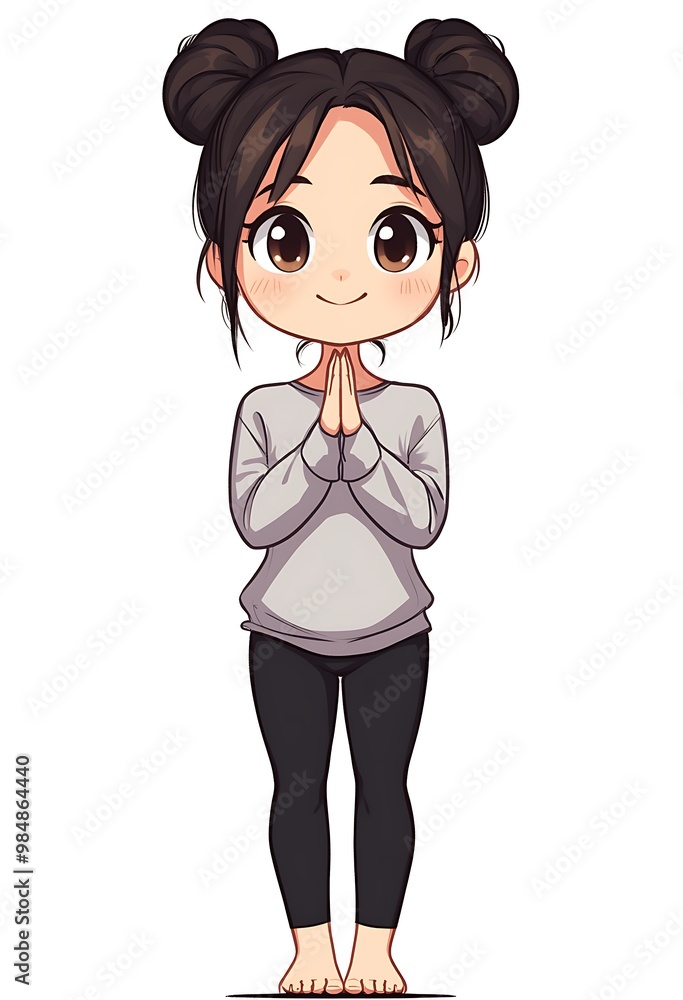 Cute chibi girl with black hair in double buns, wearing a grey sweater ...