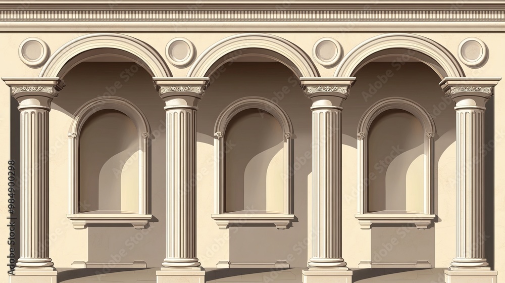 Vector graphic of an antique colonnade with Ionic columns and three arched niches Stock ...