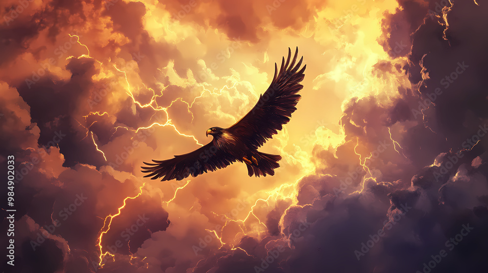Thunderbird flying above stormy clouds, dramatic sky with lightning ...