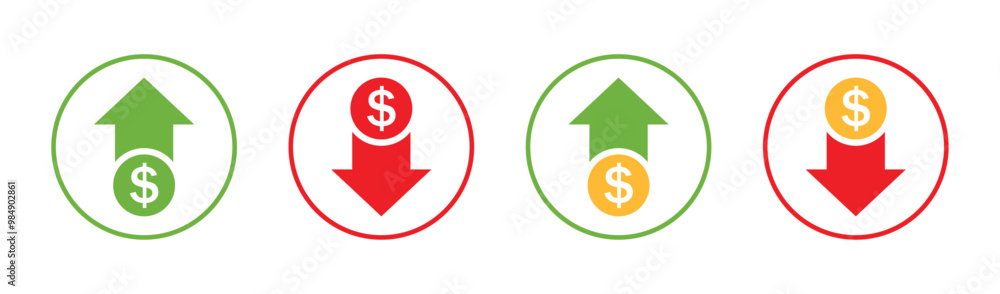 Dollar price up and down vector icon in outline style. Dollar coin graph up and down symbol ...