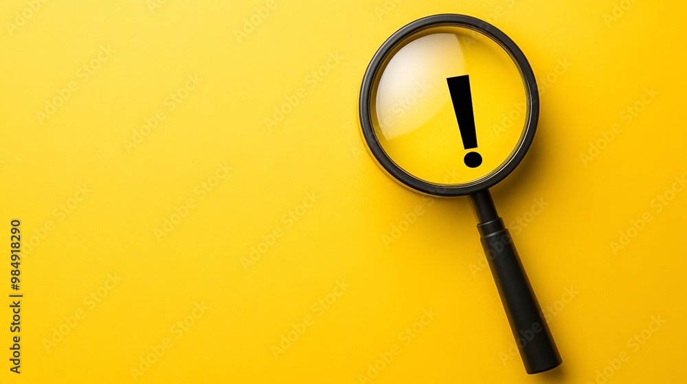 Attention sign exclamation mark warning sign concept A magnifying glass ...