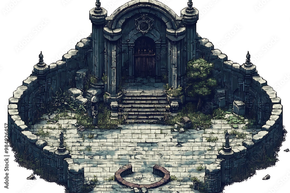 Fantasy game environment, Old stone building with entrance and stairs ...