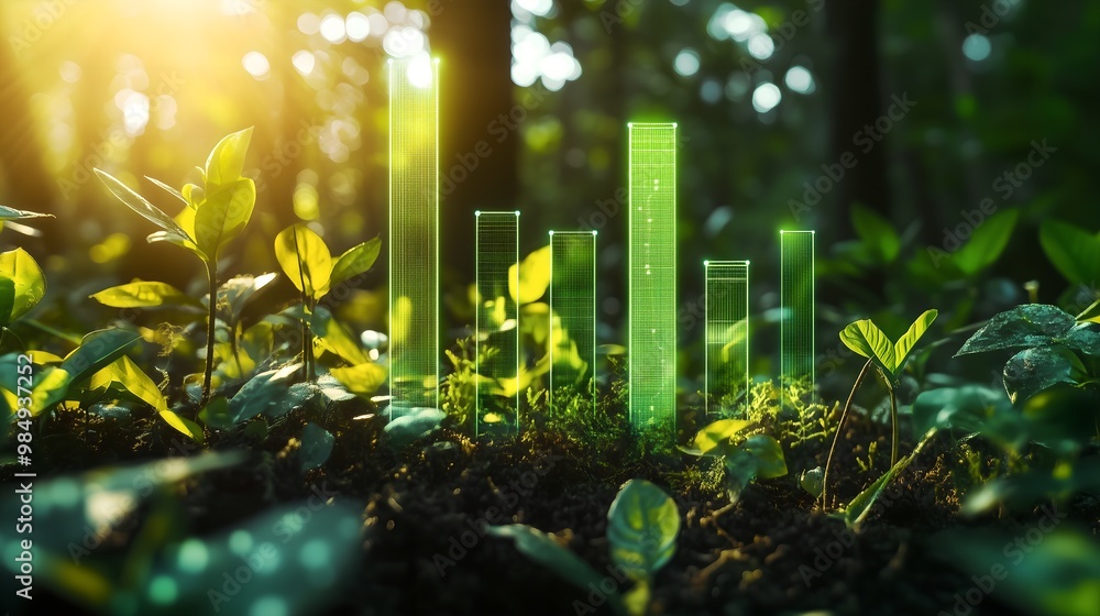 Green bar graphs rise among lush foliage, symbolizing economic progress ...