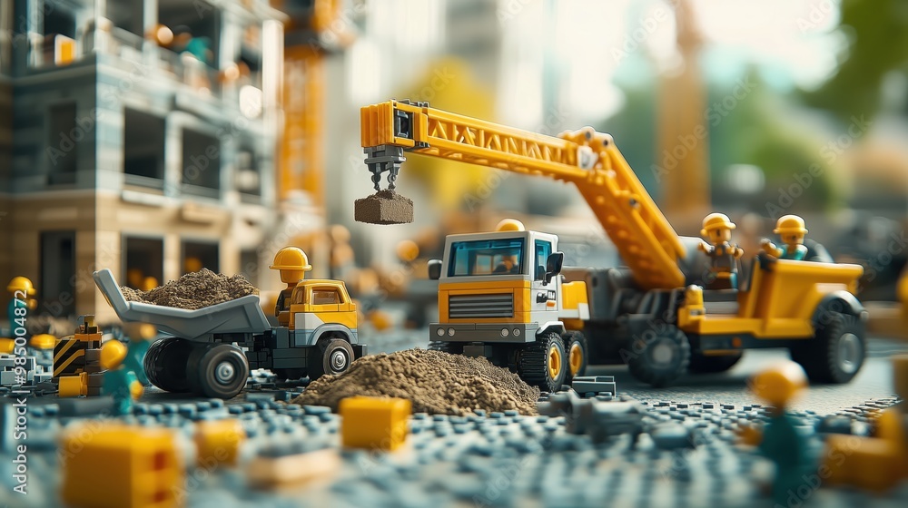 Whimsical toy construction site bustling with tiny cranes, dump trucks ...