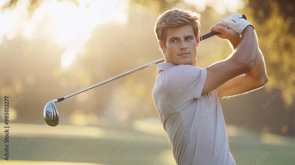 Stylish golfer in mid-swing at sunset, dressed elegantly in a polo ...