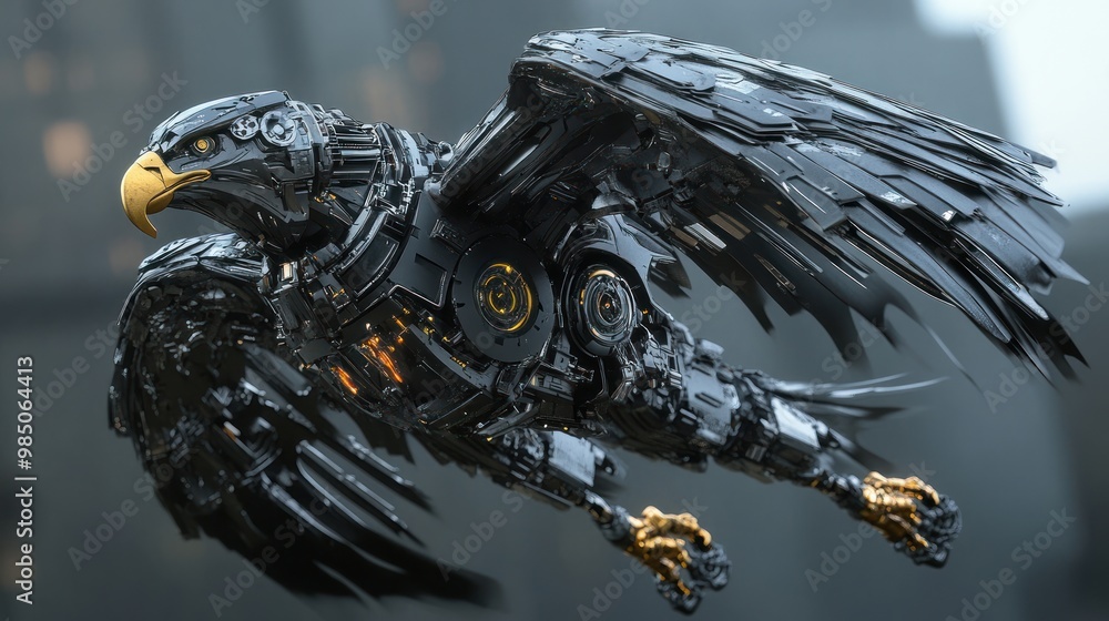 Cyberpunk black eagle bird cyborg mecha robot in flight background ...