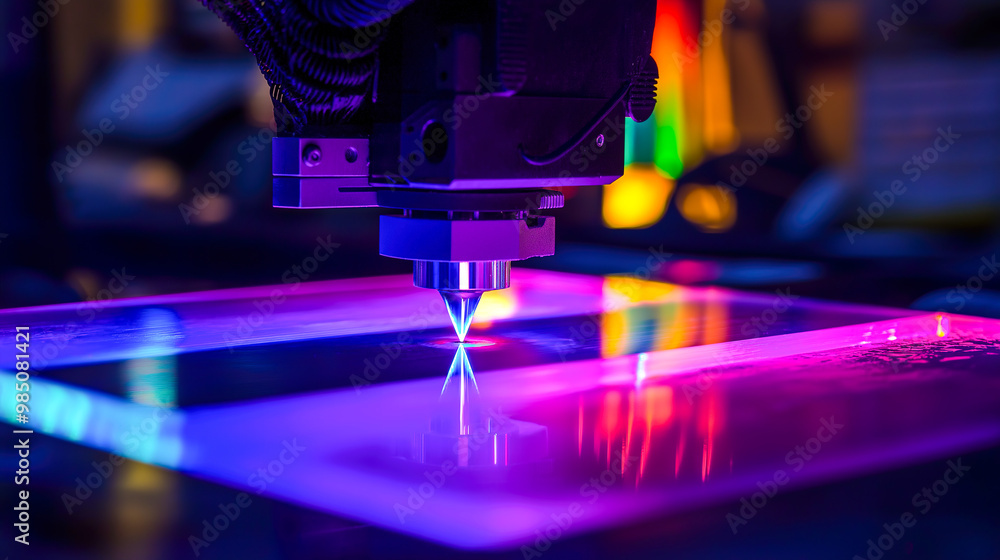 CNC router slicing through a clear acrylic sheet, producing luminous ...