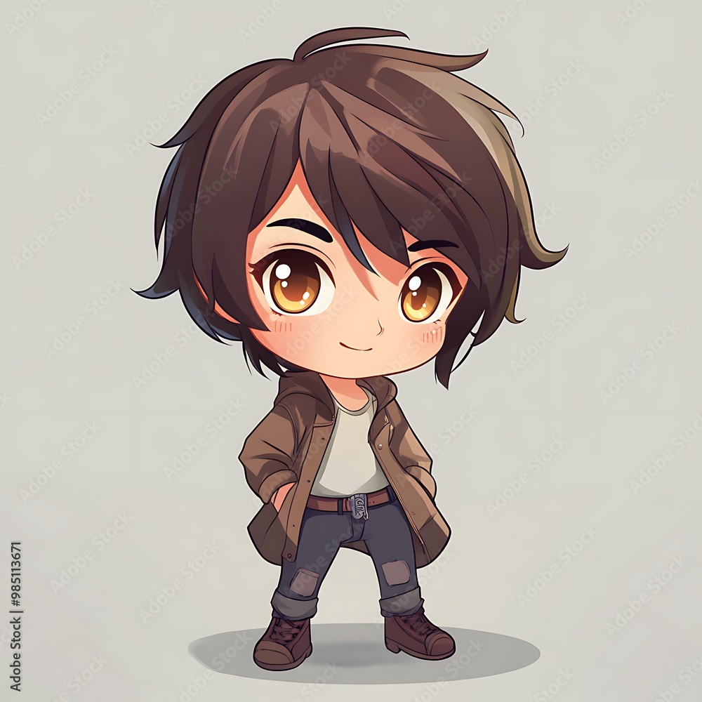 Cute chibi anime boy character with brown hair and jacket Stock ...