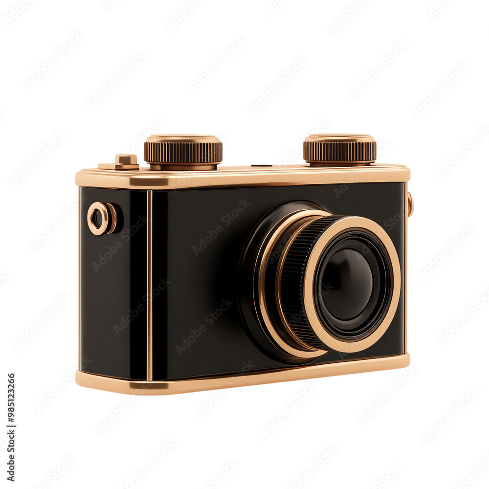 Vintage camera design with elegant black and gold finish, white ...
