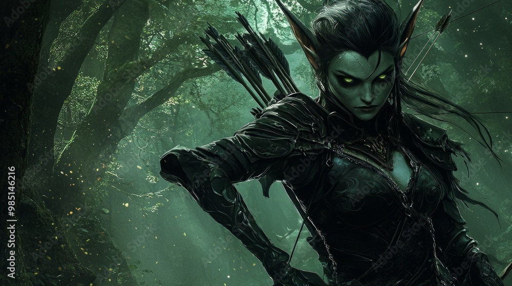 Mysterious Dark Elf Archer in Enchanted Forest - Fantasy 3D Render with ...