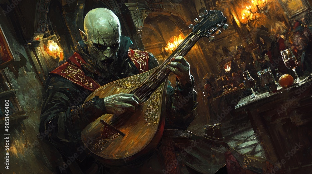 Mysterious Dark Bard Conjuring Cursed Magic with Sinister Lute in Dimly ...