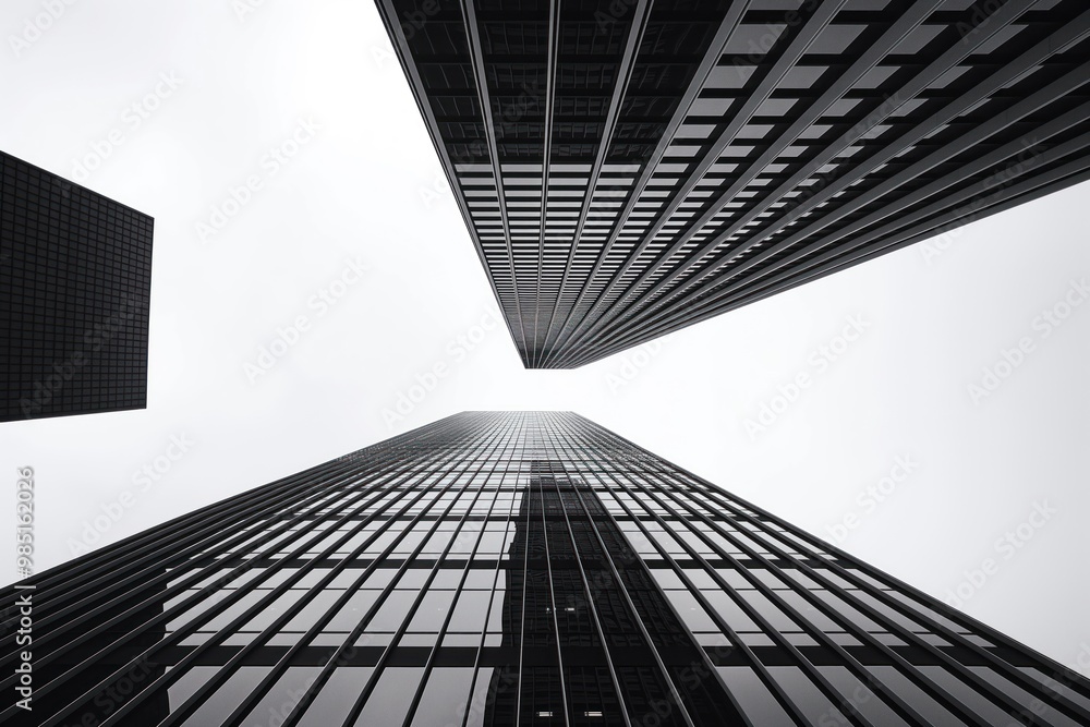 Modern skyscraper facade in black, white. Bottom view from below with ...