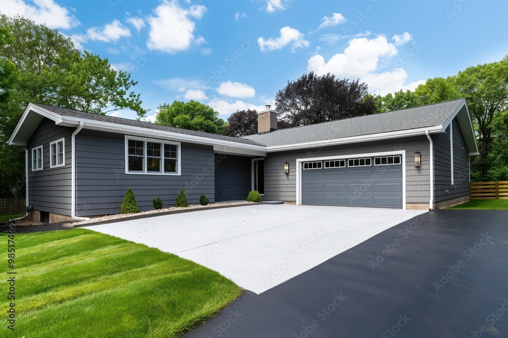 Gray walled suburban house with white asphalt driveway. Wide tree ...
