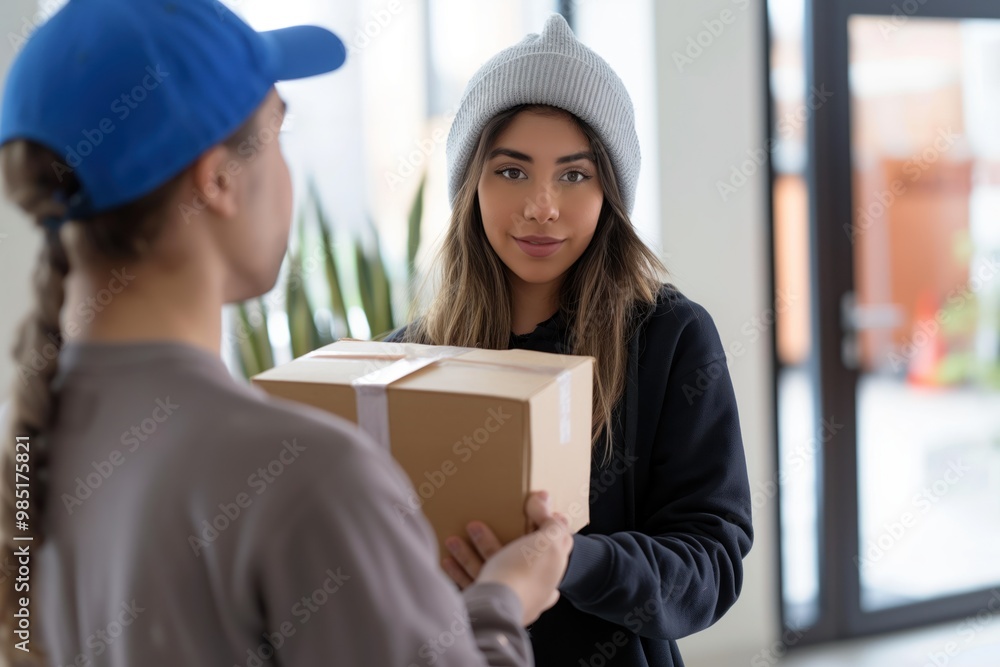 Young woman receives parcel from courier in office setting. Female ...