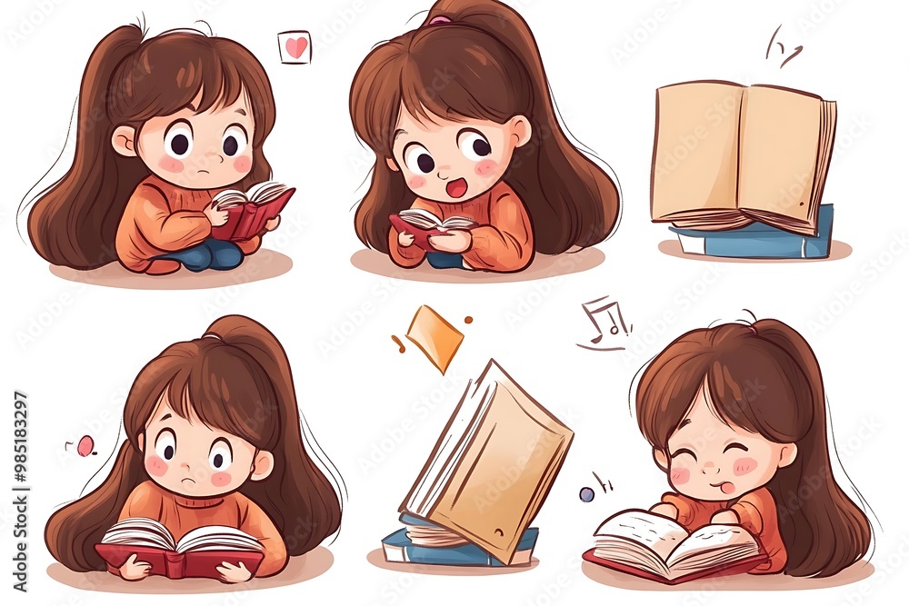 Cute Cartoon Girl Reading Book Illustration Set Stock Illustration ...