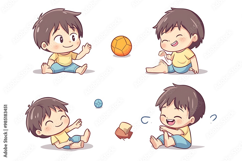 Cute cartoon boy character playing with toys. Set of various emotions ...