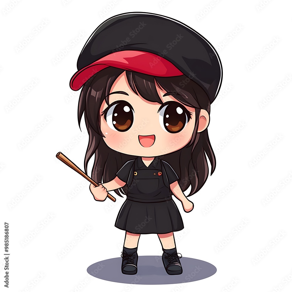 Cute chibi girl character with brown hair wearing a black and red ...