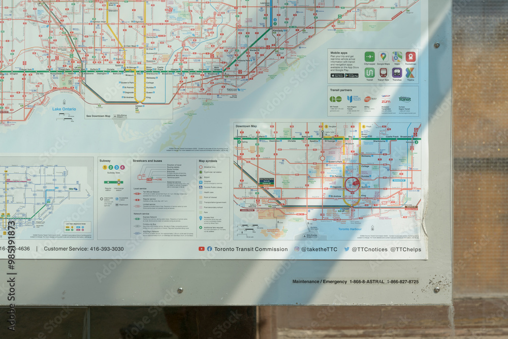 Toronto Transit Commission system map and location marker inside a bus ...
