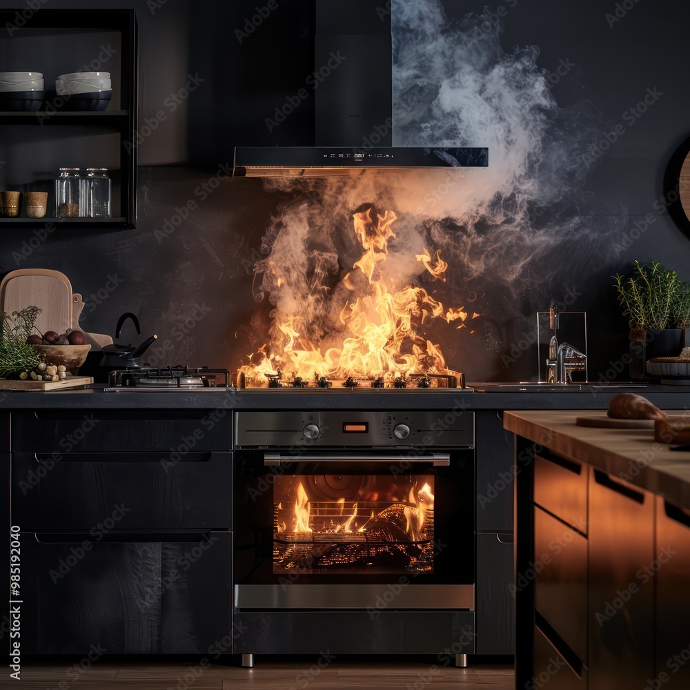 Modern kitchen interior burns by fire as black oven fills the room with ...