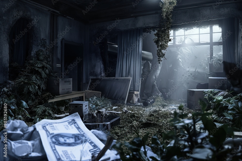 Gray floor, white walls room with scattered objects. White dollar bill ...