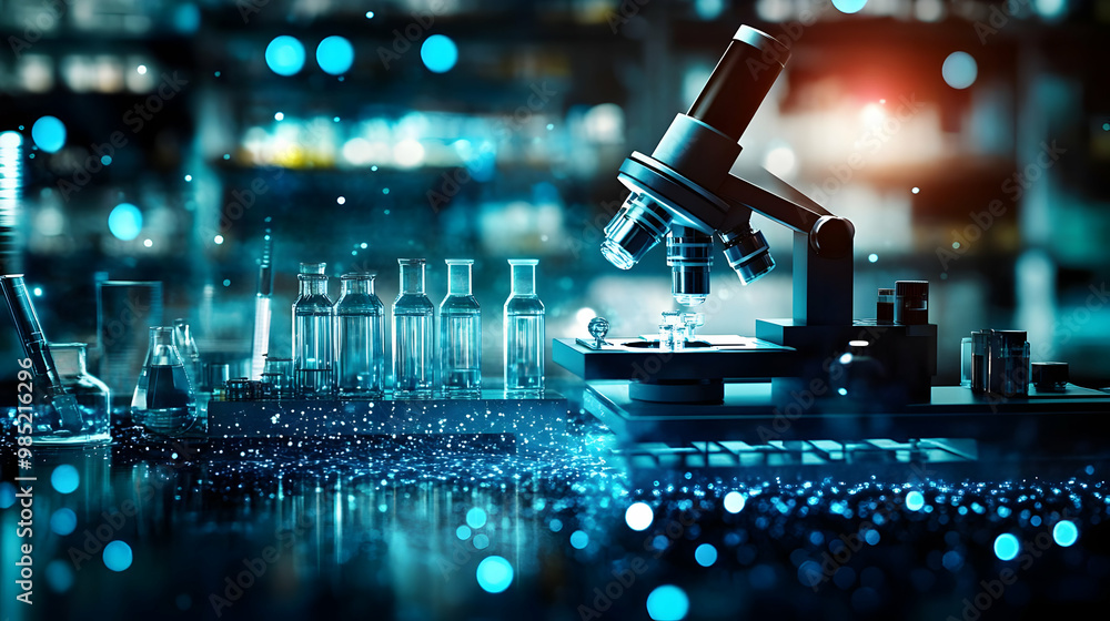 Microscope and Flasks in a Laboratory Setting - 3D Illustration Stock ...
