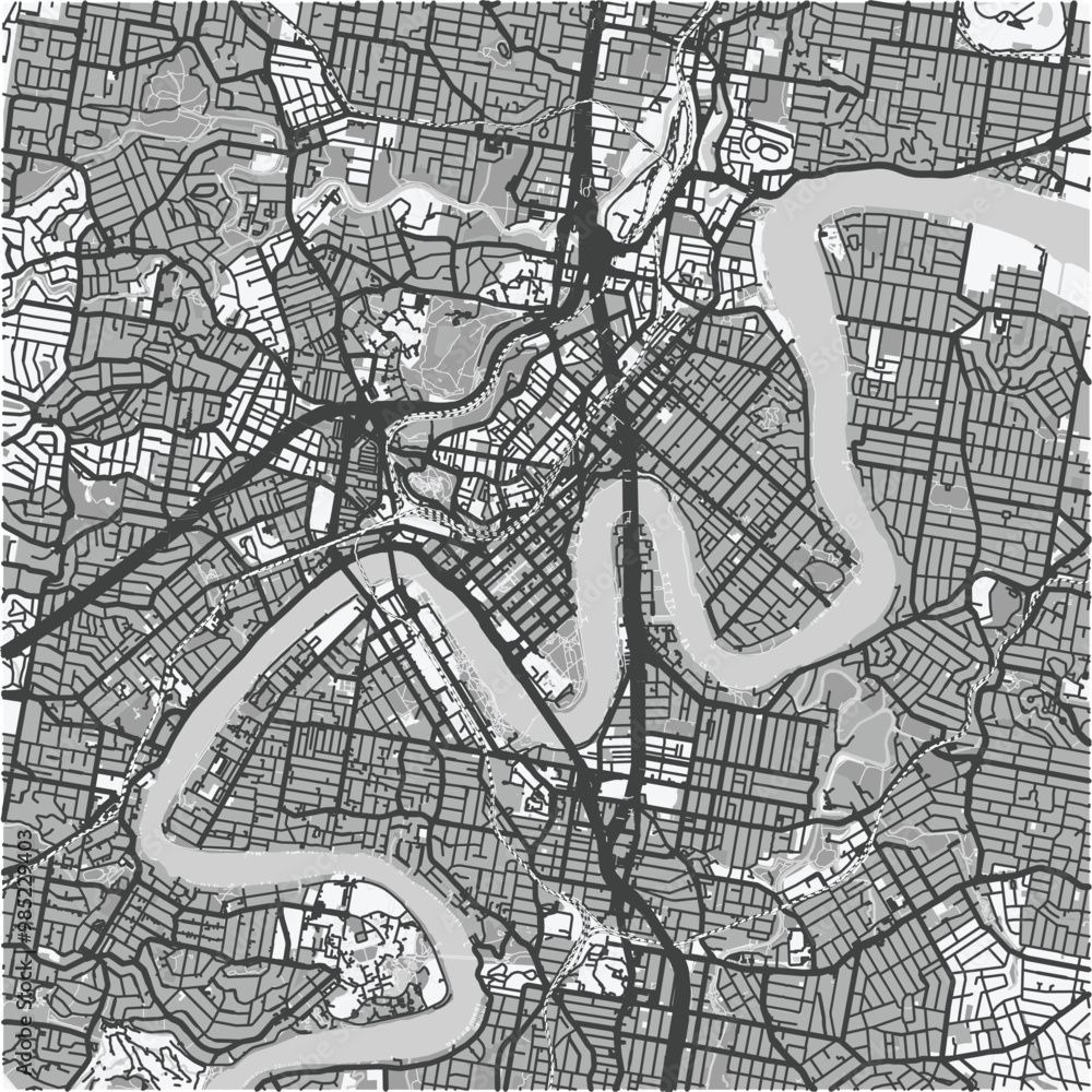 Map of Brisbane center in Australia in grayscale. Contains layered ...