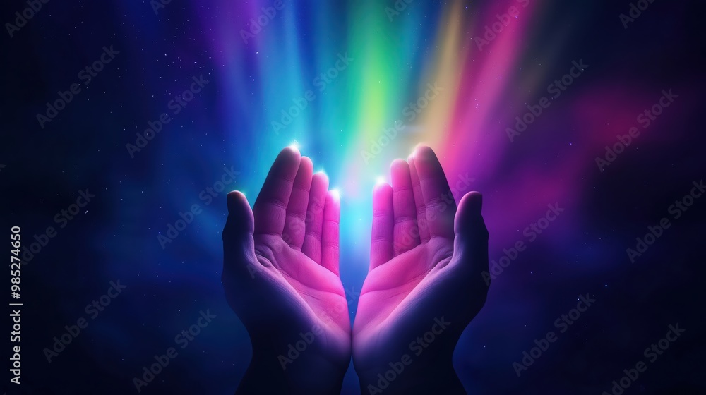 Hands in a meditative pose emitting a powerful ethereal cosmic energy ...