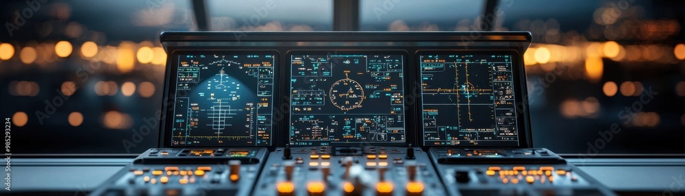 Cockpit dashboard with illuminated screens and controls, night view ...