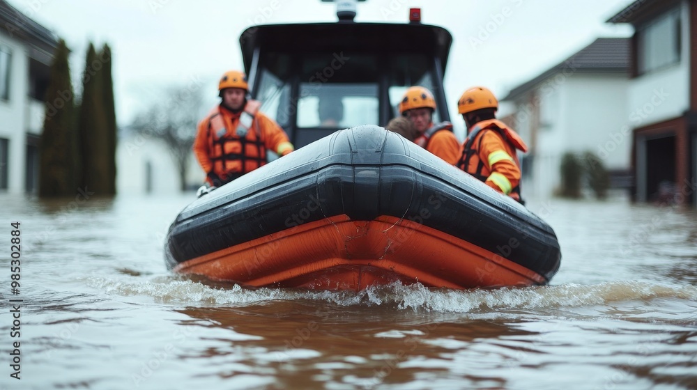 Rescue team navigating a flooded area in a boat, showcasing emergency ...