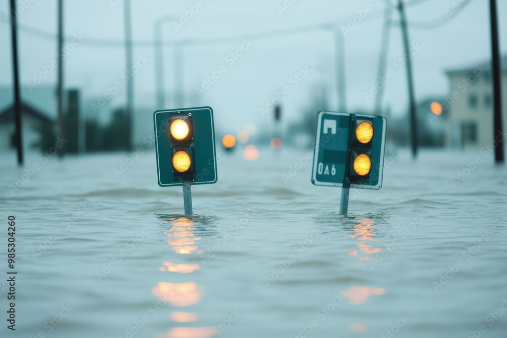 Flooded traffic signs submerged in water, showcasing the effects of ...