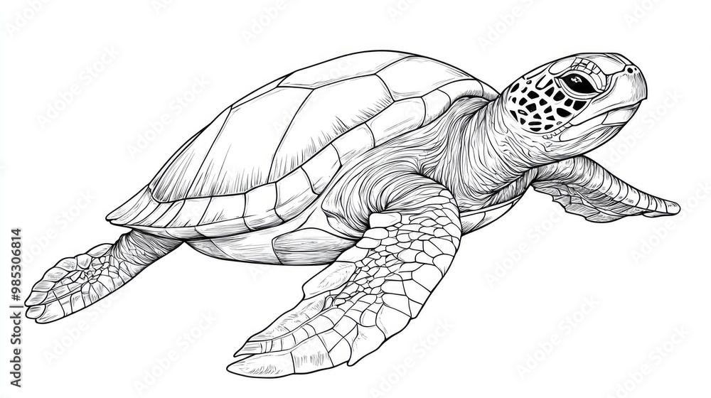 Line art illustration of a sea turtle featuring a detailed animal ...