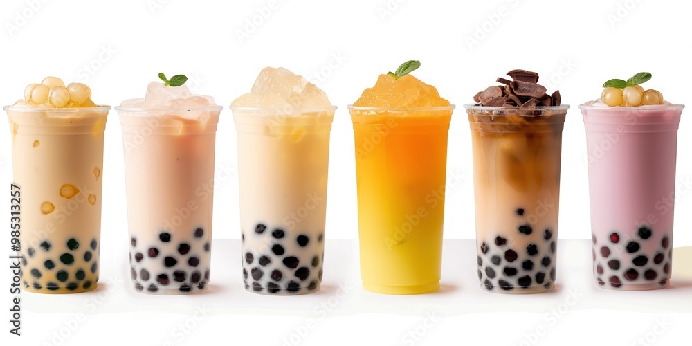 Tapioca bubble tea selection on transparent background. Colorful drinks ...