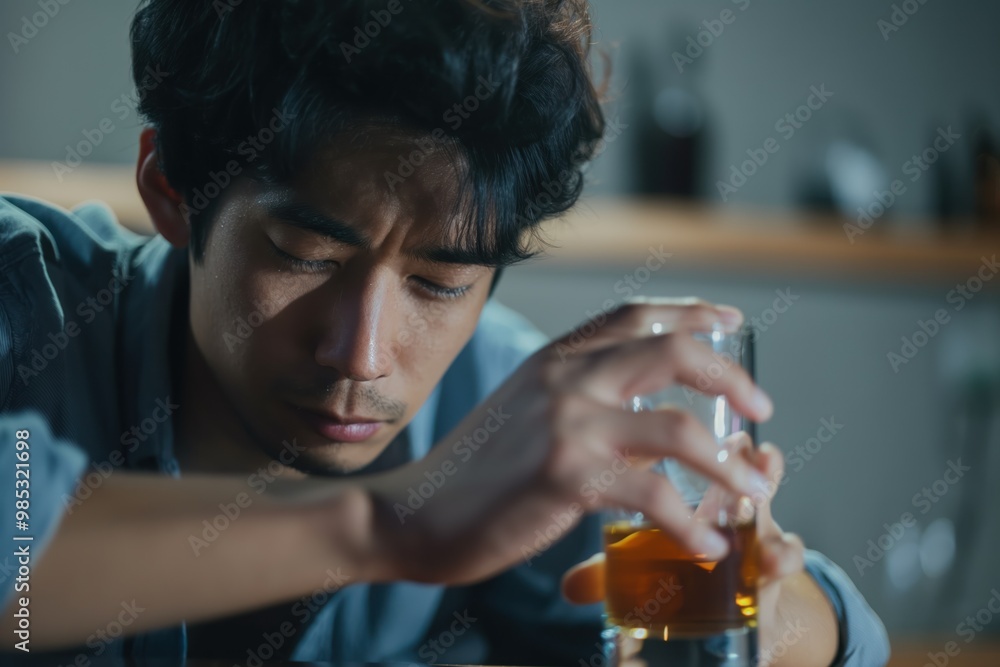 Sad young Asian man sits alone in a dark room, holding an empty whiskey ...