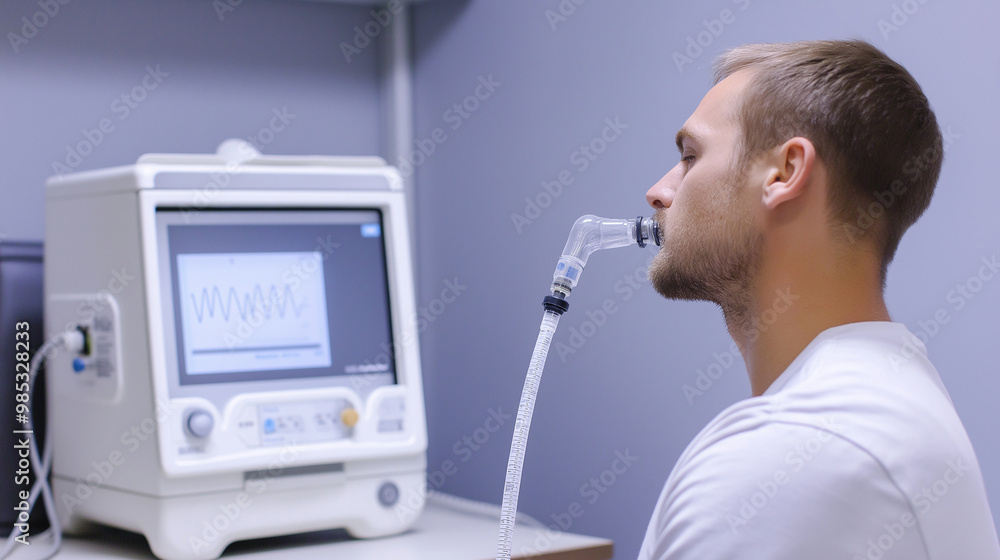 Patient sitting in front of a spirometer blowing into the machine for ...