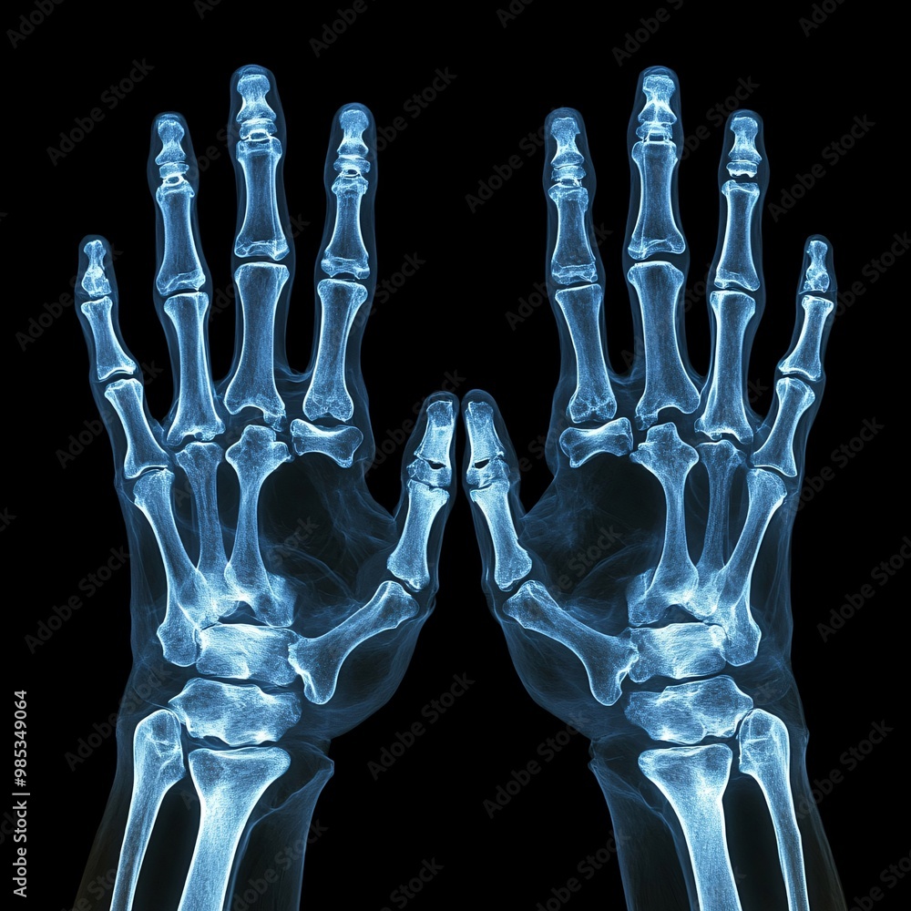 X-ray of two human hands showing detailed skeletal structure ...