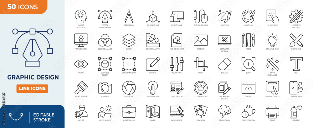 Graphic Design icon set. Contains such icons as Creativity, Layout ...