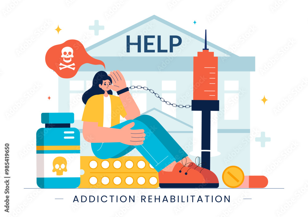 Addiction Rehabilitation Vector Illustration featuring an Inpatient ...