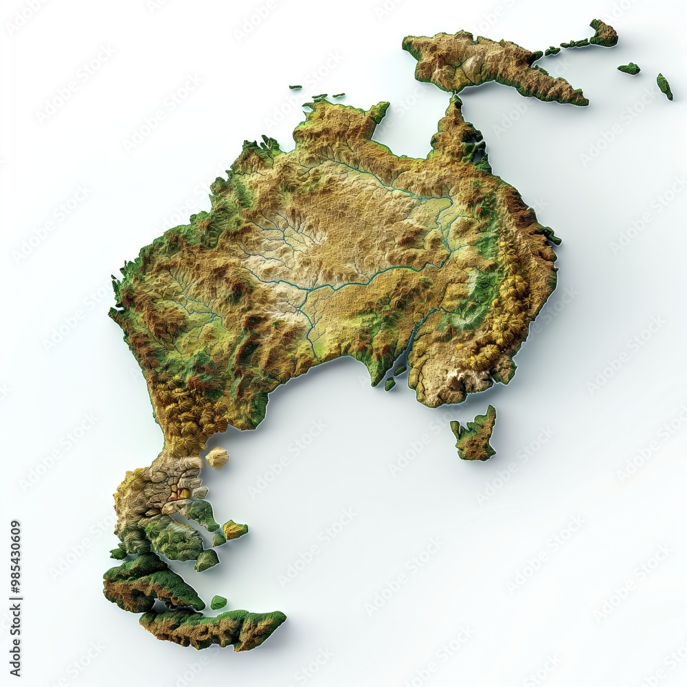 New Zealand map 3D illustration with shaded relief color height map on ...