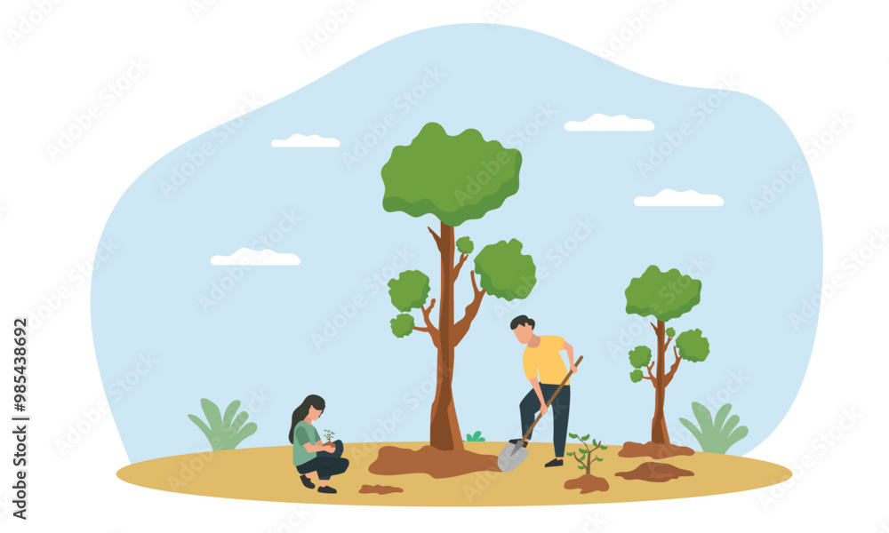 People planting trees and save earth. Characters care of plants to ...