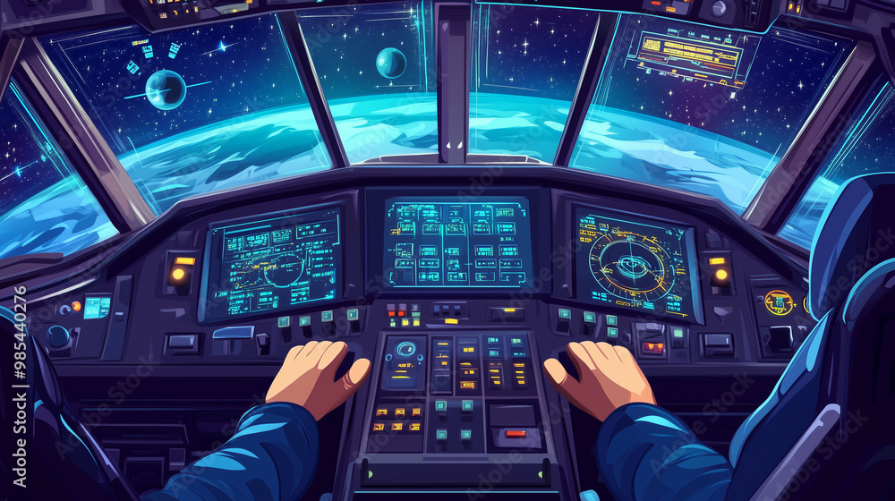 Ilustración de Stock Spaceship cockpit interior with male pilot hands on control panel. Cartoon ...