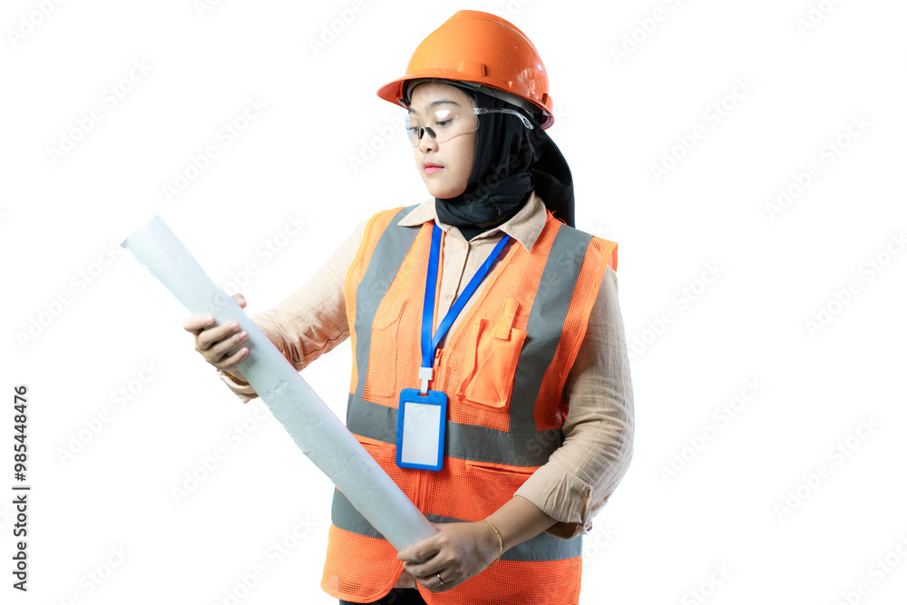 Young Asian female construction worker in hijab stands looking at the ...