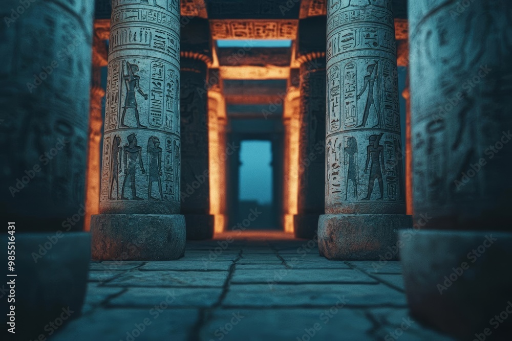 Ancient Egyptian temple aligned with the stars, hieroglyphs detailing ...