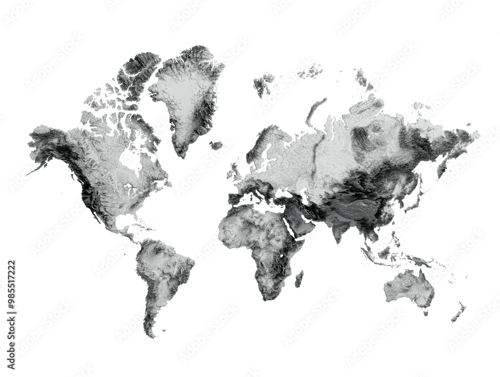 3d World Map Black And White Shaded Relief Hypsometric Map On White ...